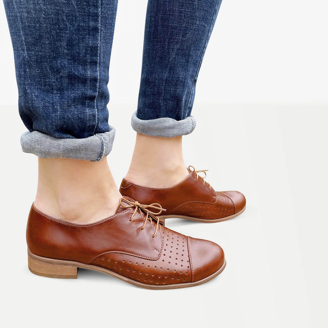 Perforated Oxford Shoes Brown Leather by Julia Bo - Julia Bo - Women's ...