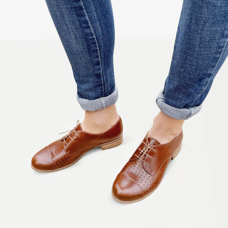 Perforated Oxford Shoes Brown Leather by Julia Bo - Julia Bo - Women's ...